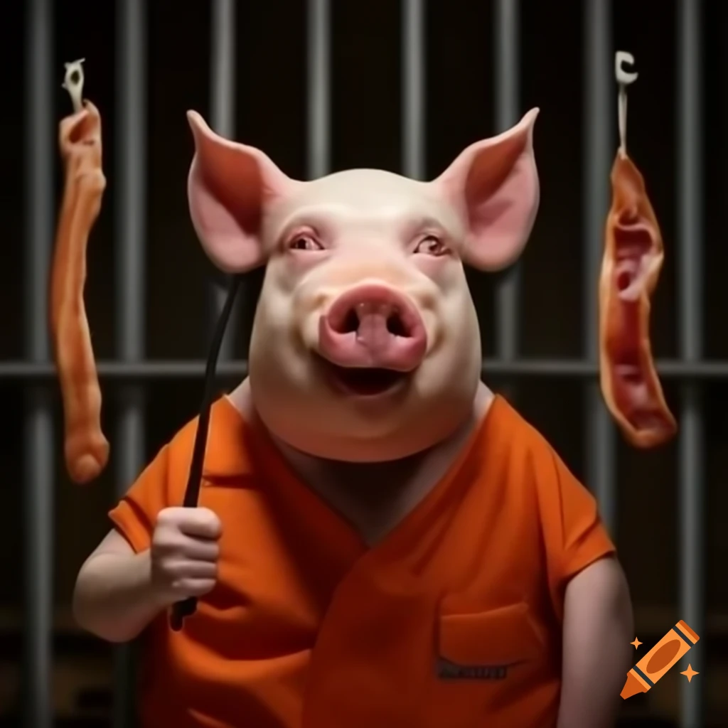 Cartoon pig singing into bacon microphone in jail cell on Craiyon