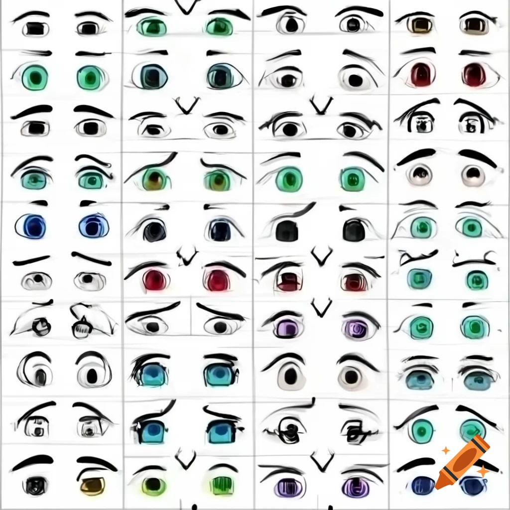 Grid of 3x5 anime-inspired eye sketches with various shapes on Craiyon