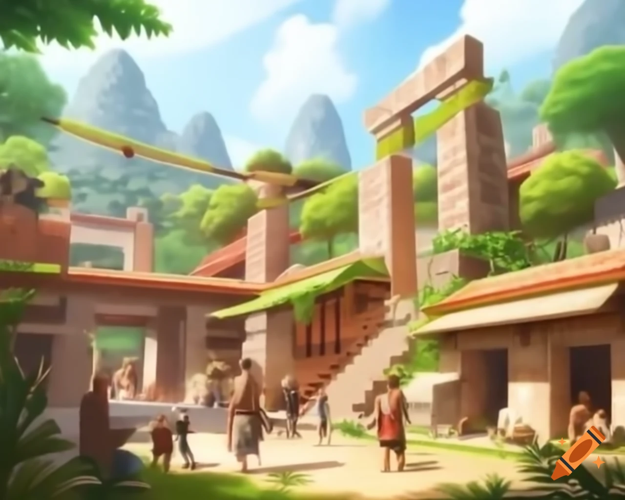 Futuristic streetscape blending ancient mesoamerican architecture and ...