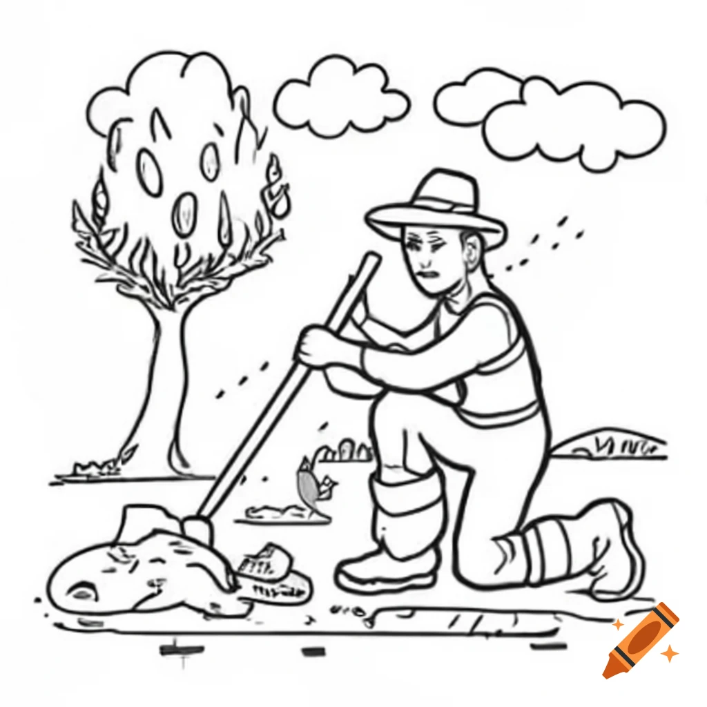 Farmer digging under olive tree and finding gold, suitable for coloring ...