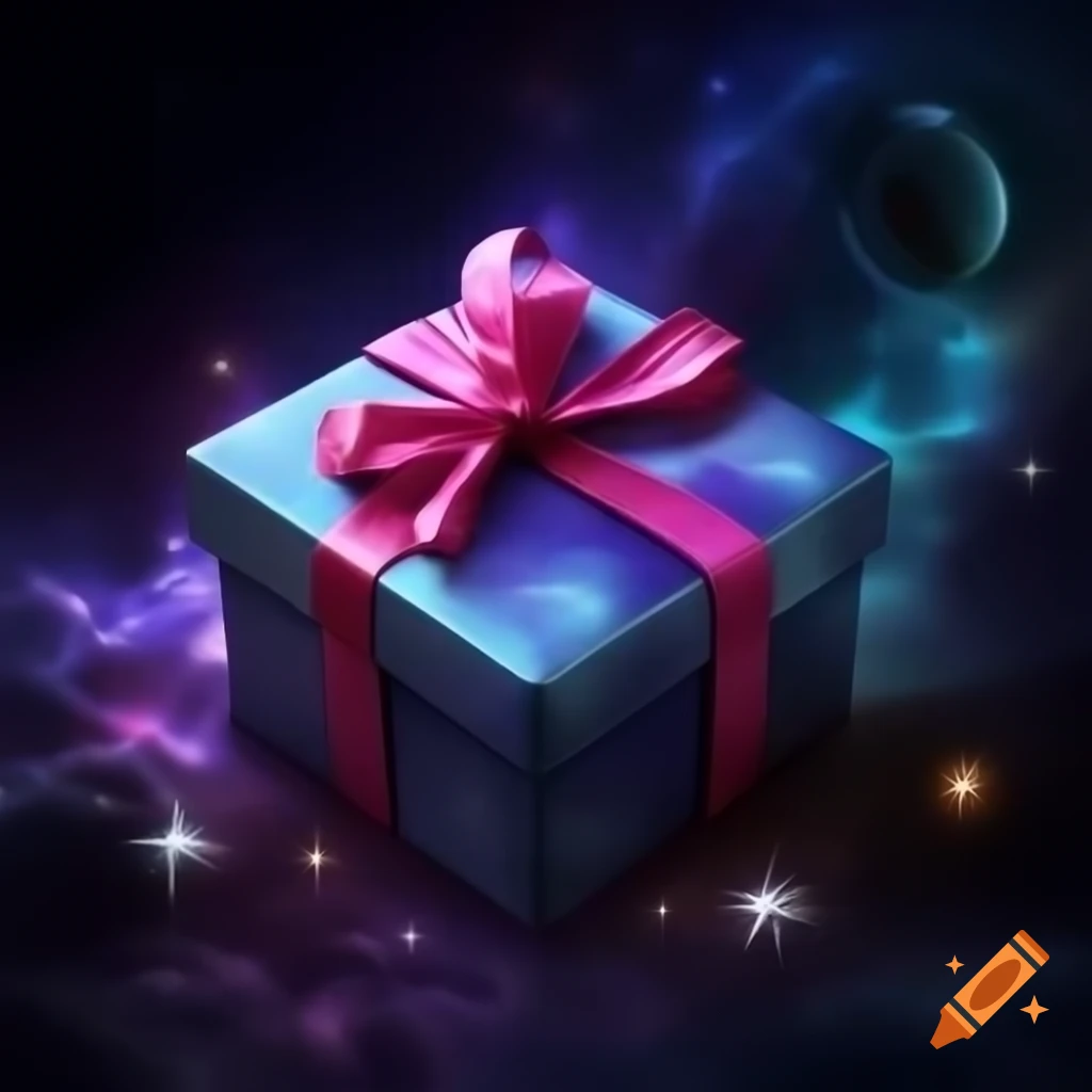 Mystical cosmic closed gift with shimmering ribbon on Craiyon