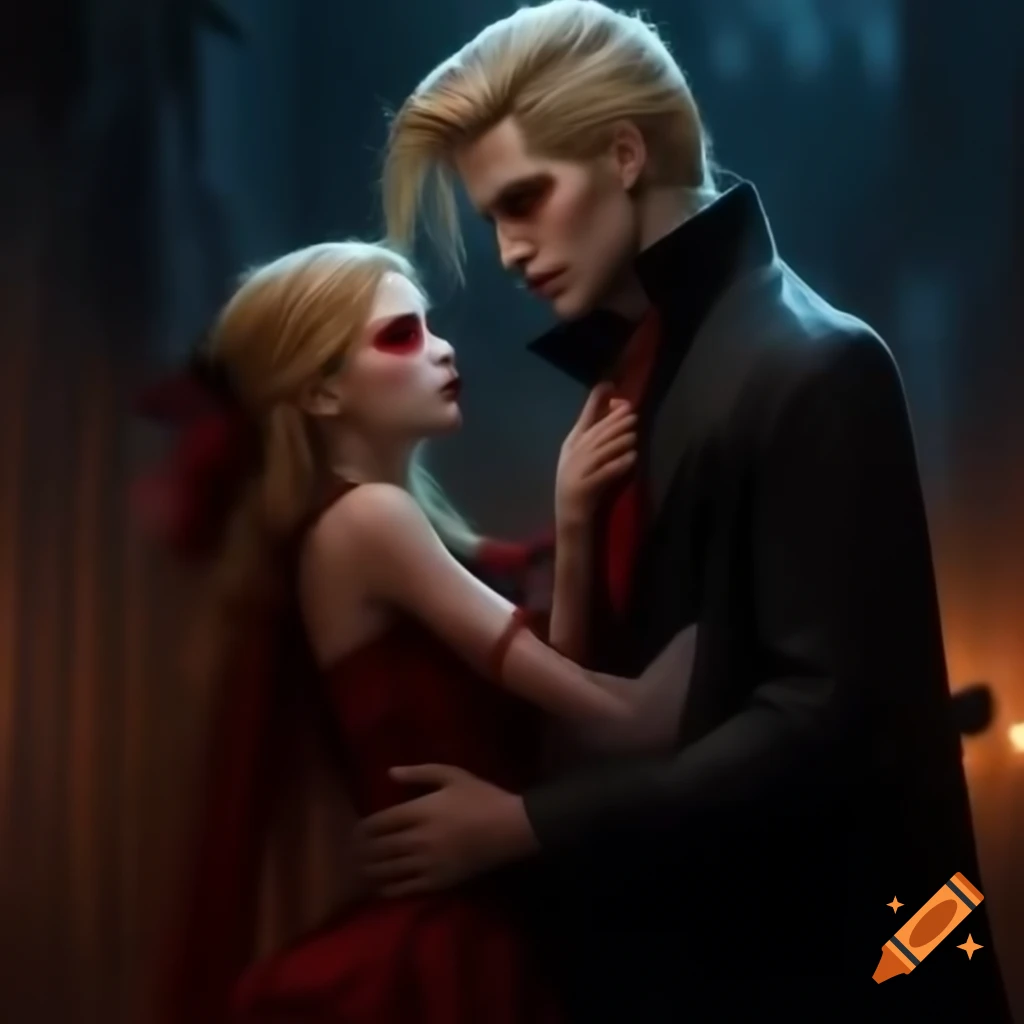 Vampire prince and beautiful woman in sensual dress embracing on Craiyon