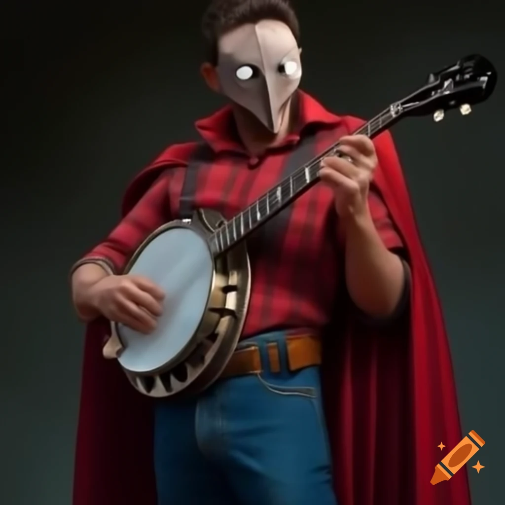 Superhero banjanizer playing banjo, wearing flannel shirt, mask, and ...