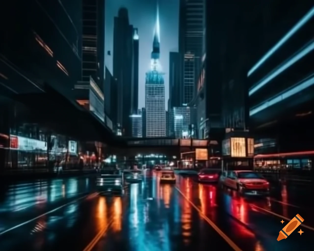 Cinematic night cityscape with neon lights and towering skyscrapers on ...