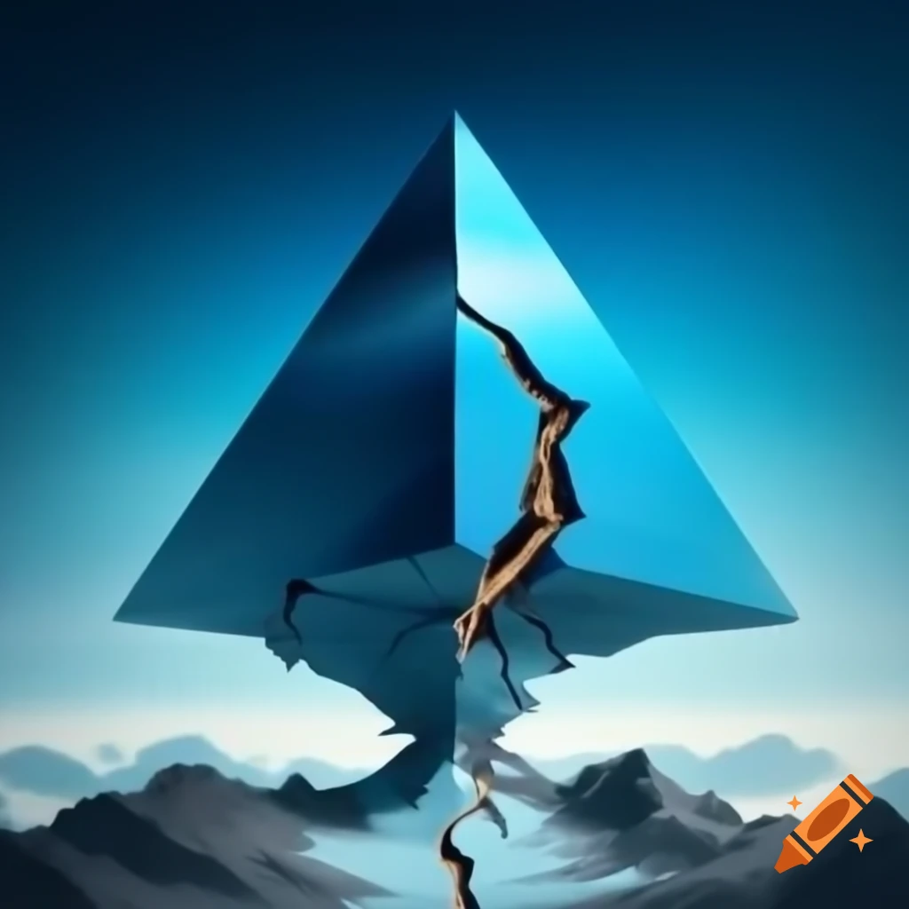 Gradient blue inverted pyramid balancing on peak with forming crack on ...