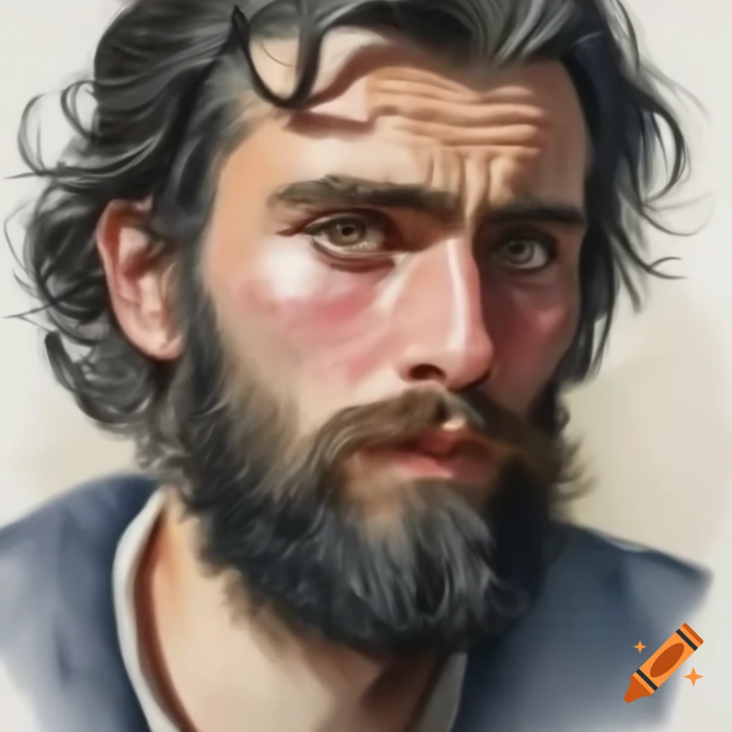 Watercolor portrait of a youngish Caucasian man with a salt and pepper ...