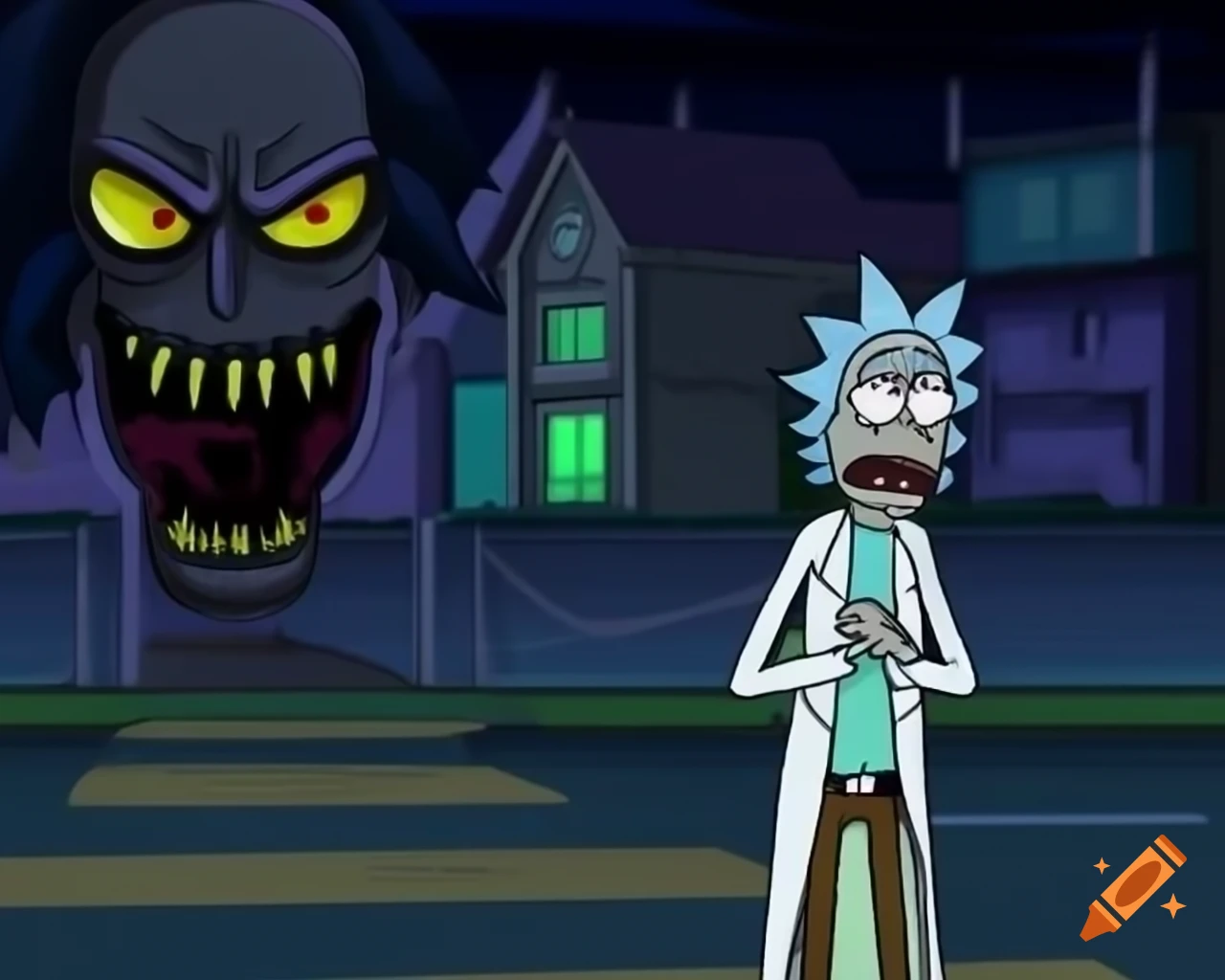 Horror version of rick from rick and morty standing in street, with ...