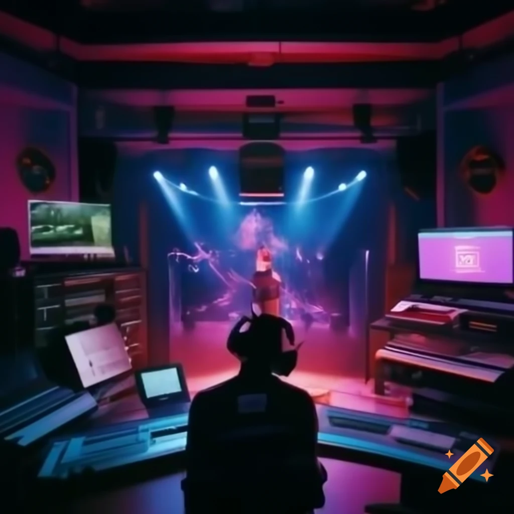 Vibrant rap studio with colorful lights and sound equipment, person at microphone on Craiyon