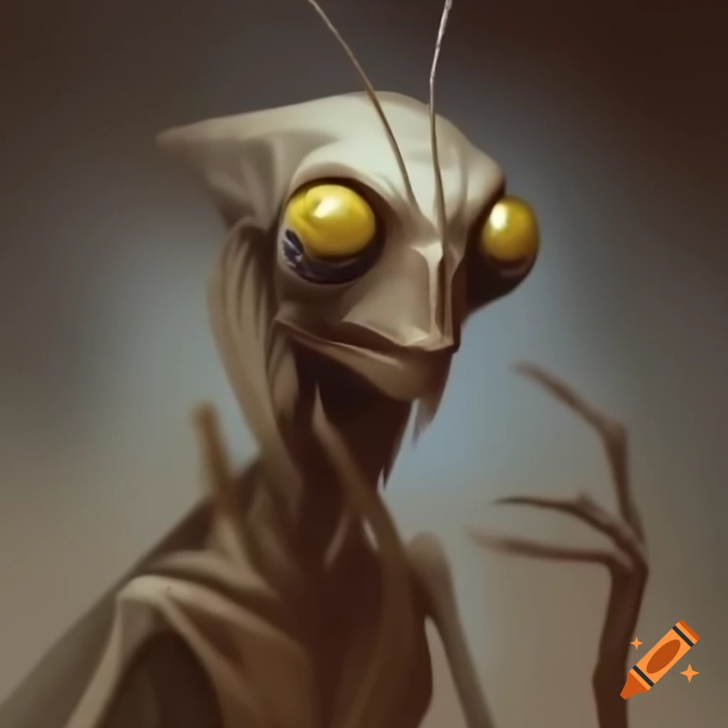 Mummy-like creature with human and praying mantis features, gray skin ...