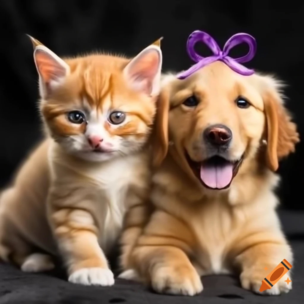Ginger kitten and golden retriever pup grinning at the camera with ...