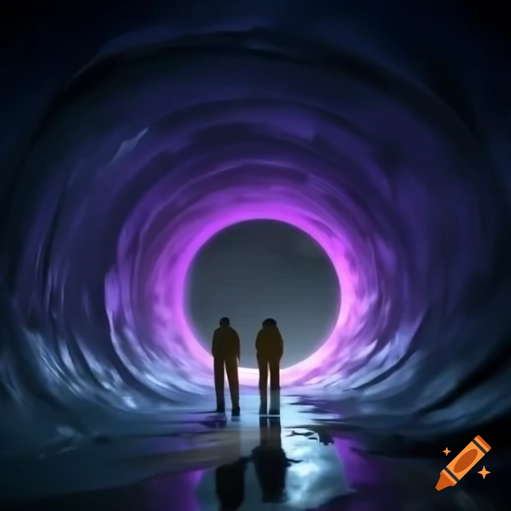 Astronauts in wet tunnel facing purple space vortex on Craiyon