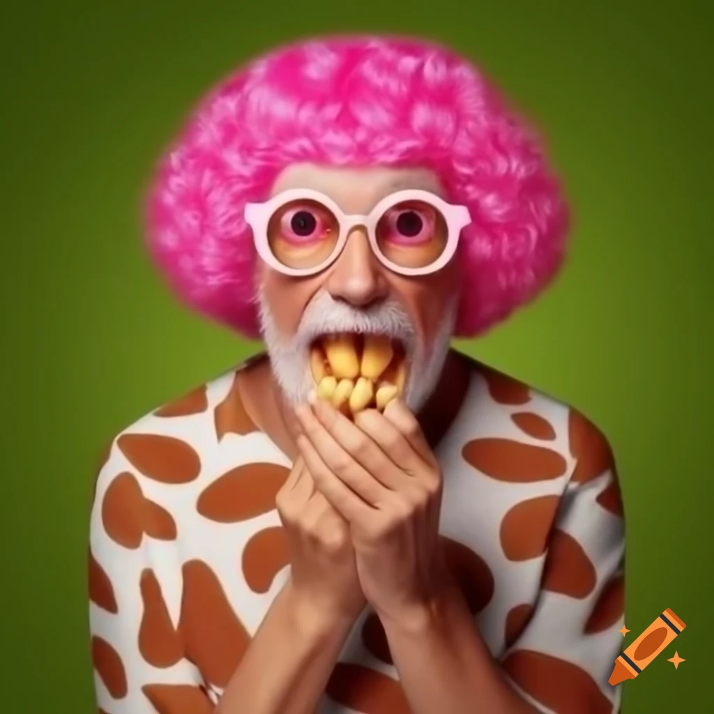 Bear character with pink curly wig and beard, playfully eating peanuts ...