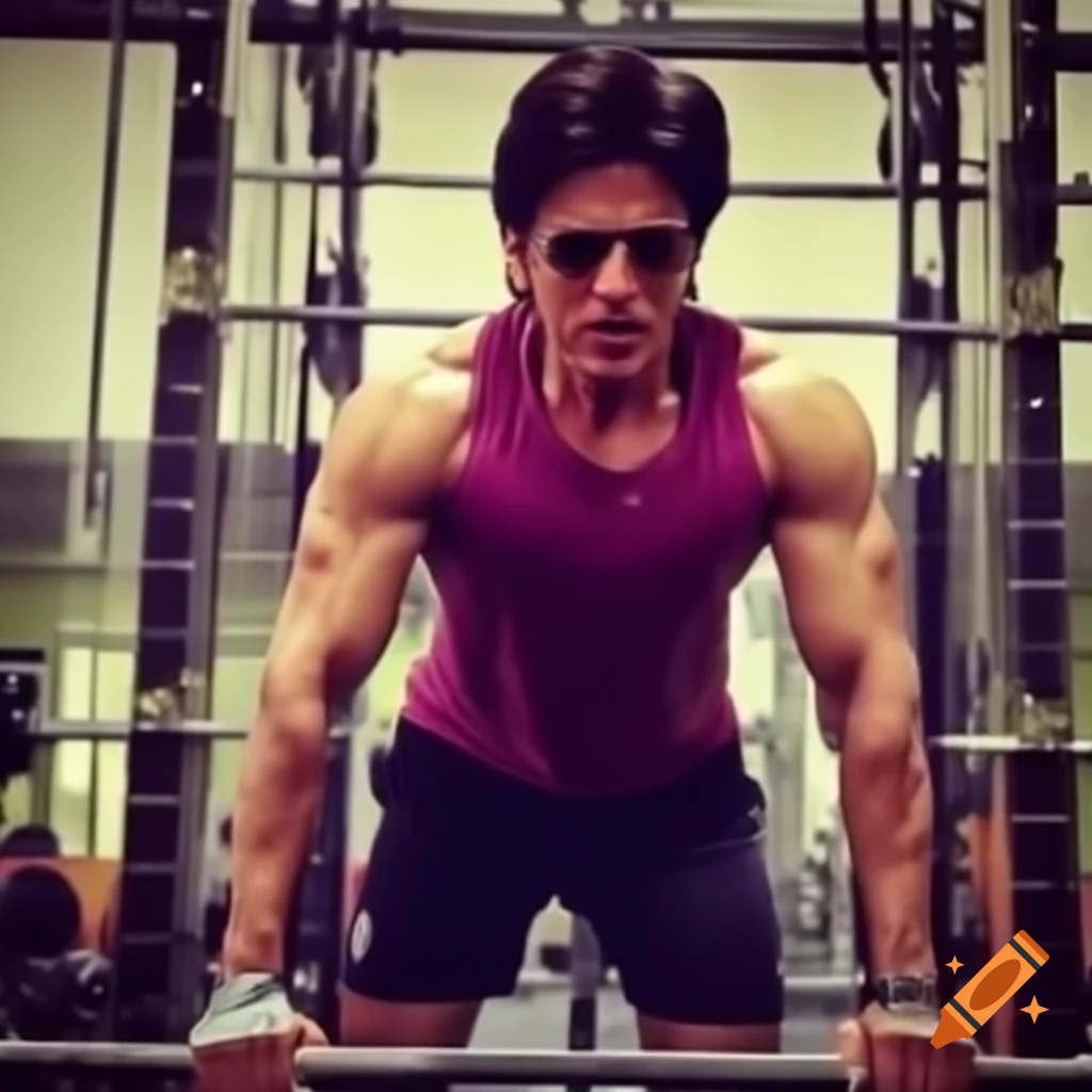 Shahrukh Khan training intensely in a vibrant gym environment on Craiyon