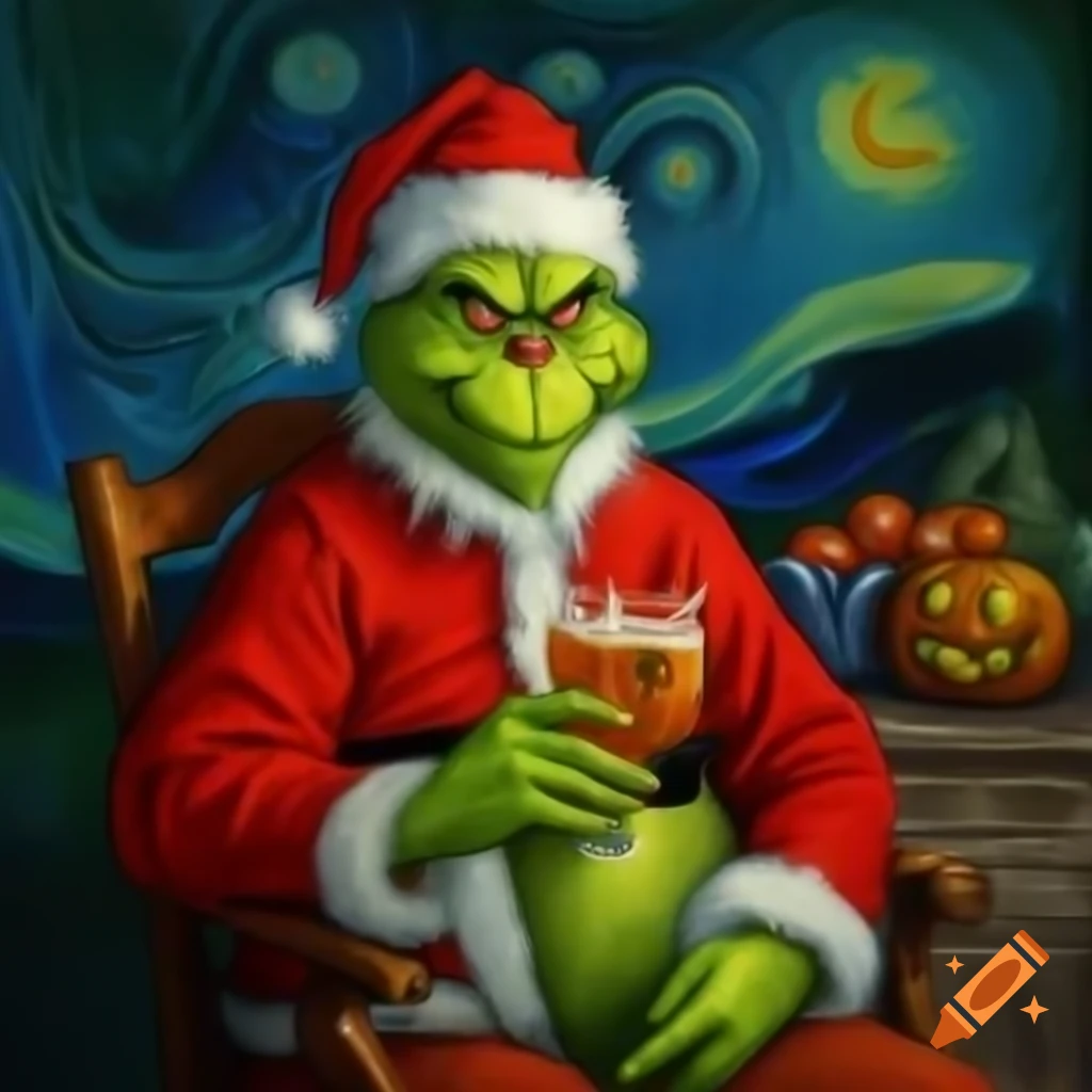 Conceptual artwork featuring santa, grinch, and halloween elements in the style of van gogh on ...