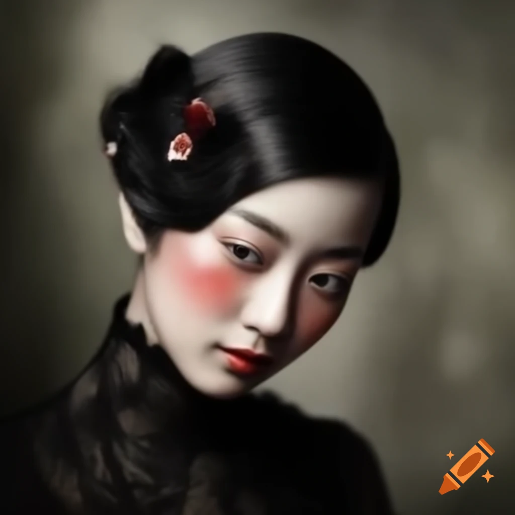 Hyper-realistic color photograph of a charming asian woman with vintage flapper hairstyle from ...