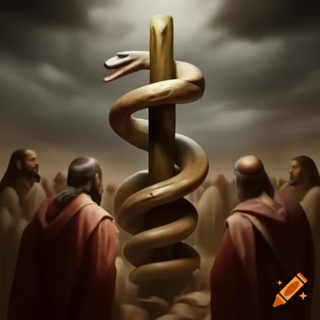 Biblical scene of people worshiping bronze snake on tall pole on Craiyon