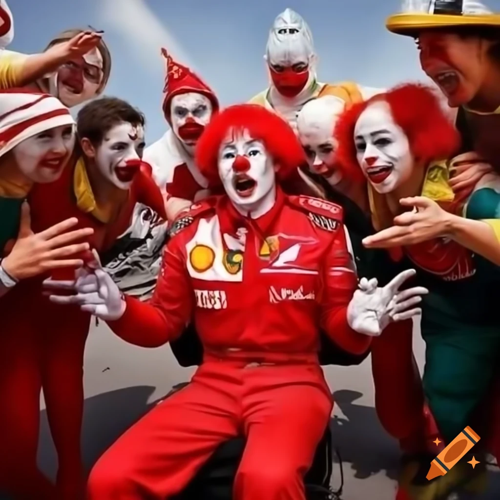 Scuderia Ferrari strategists humorously dressed as clowns around a sad ...