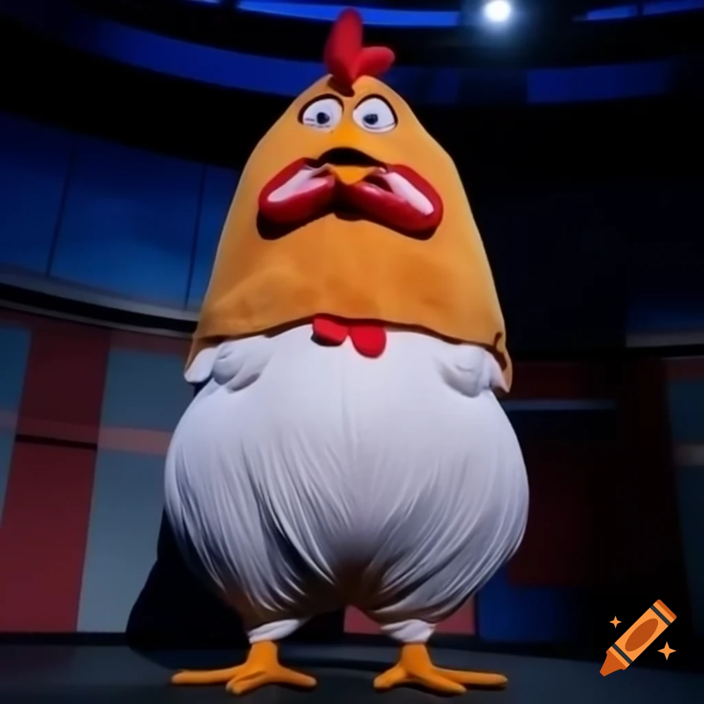 Satirical depiction of a man in a chicken costume on a CNN stage on Craiyon