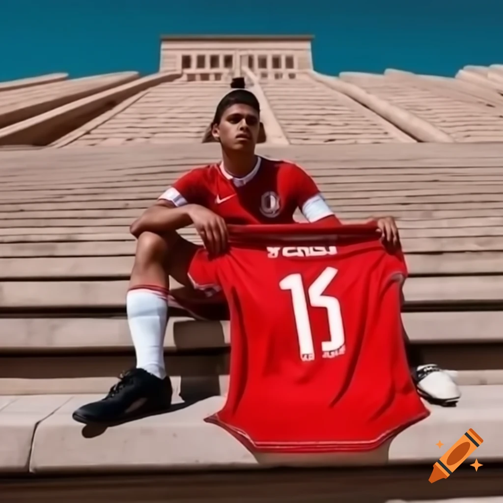 Soccer player in red jersey seated on throne at persepolis on Craiyon