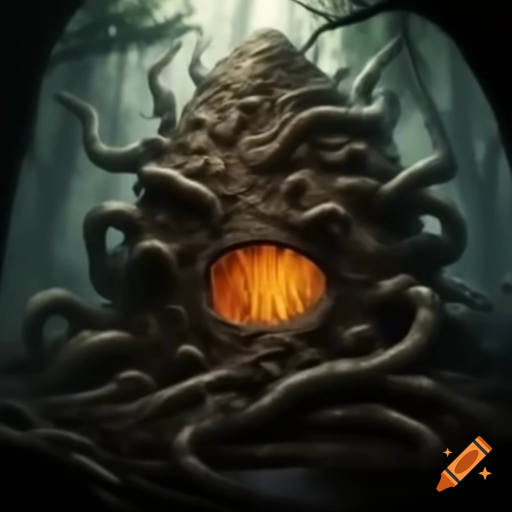 Twisted boughs surround monstrous hive in corrupted forest on Craiyon