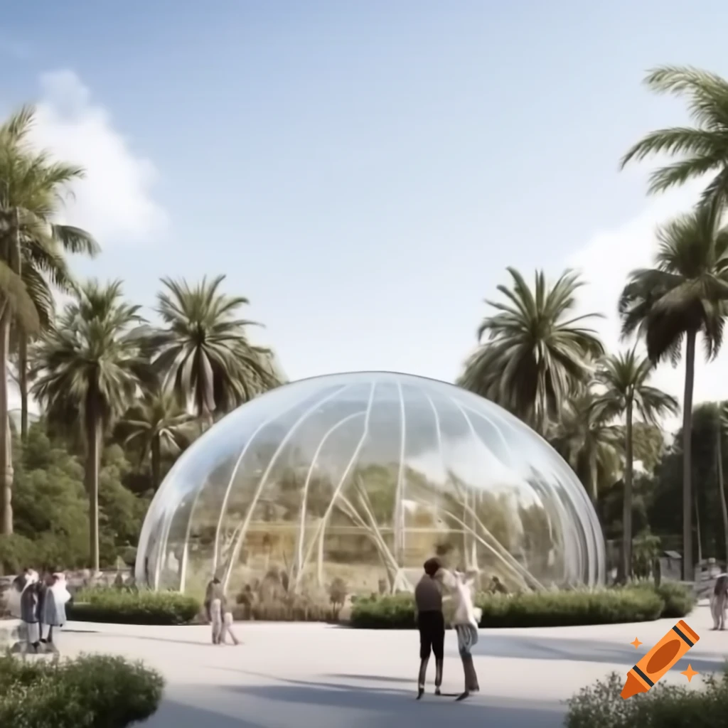 Human-sized glass dome containing tropical garden in open space on Craiyon