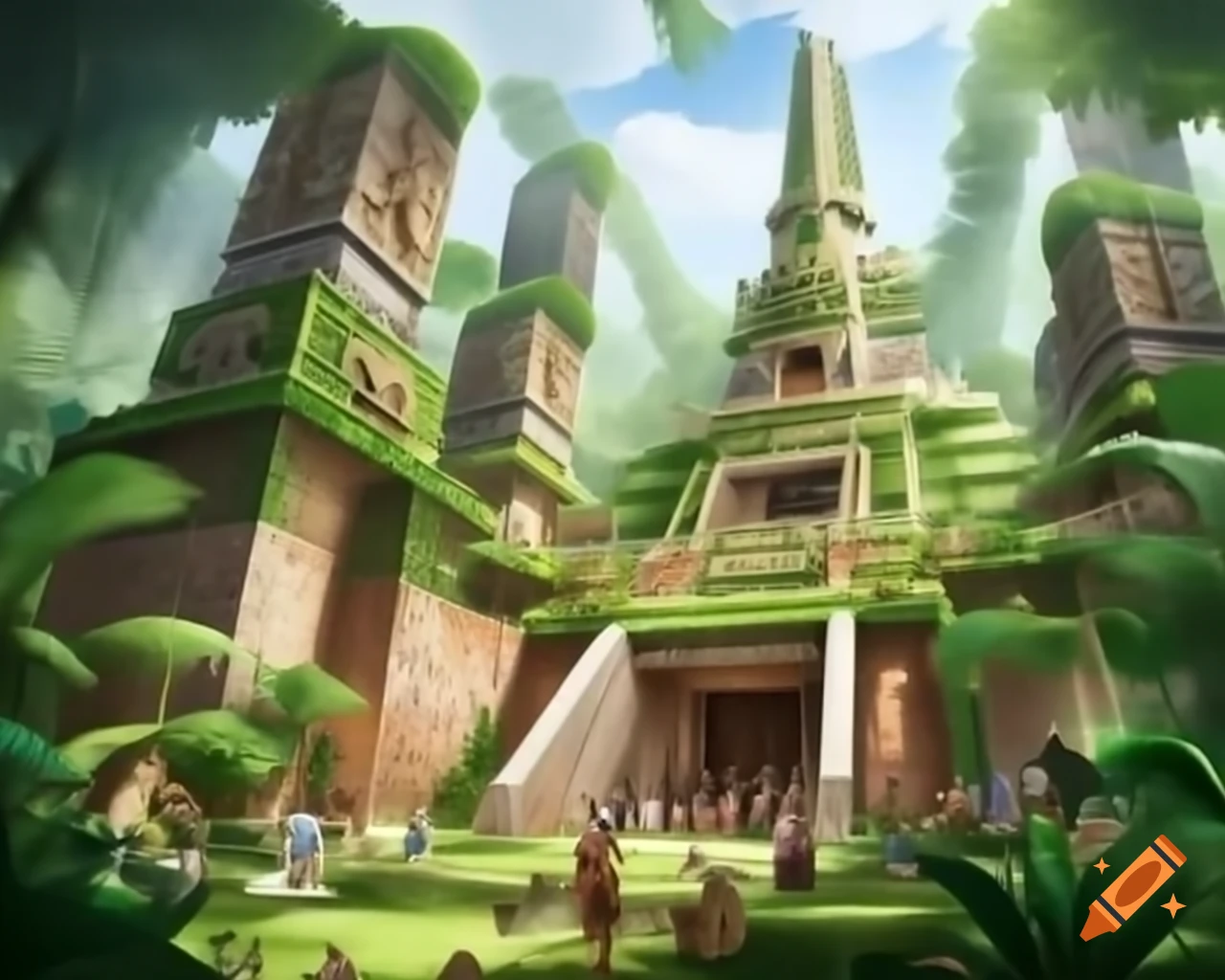 Vibrant jungle city with intricately carved structures inspired by ...