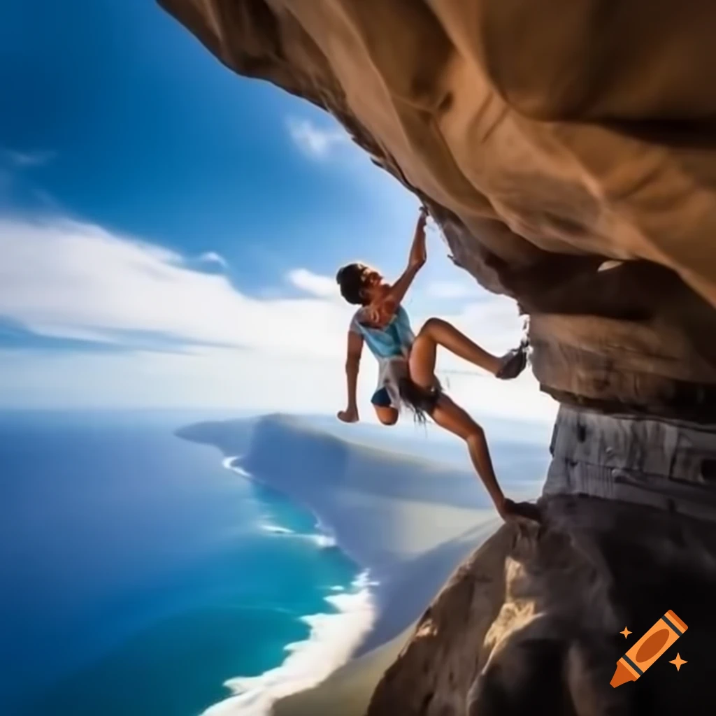 Fearless rock climber scaling cliff with ocean below, high definition on Craiyon