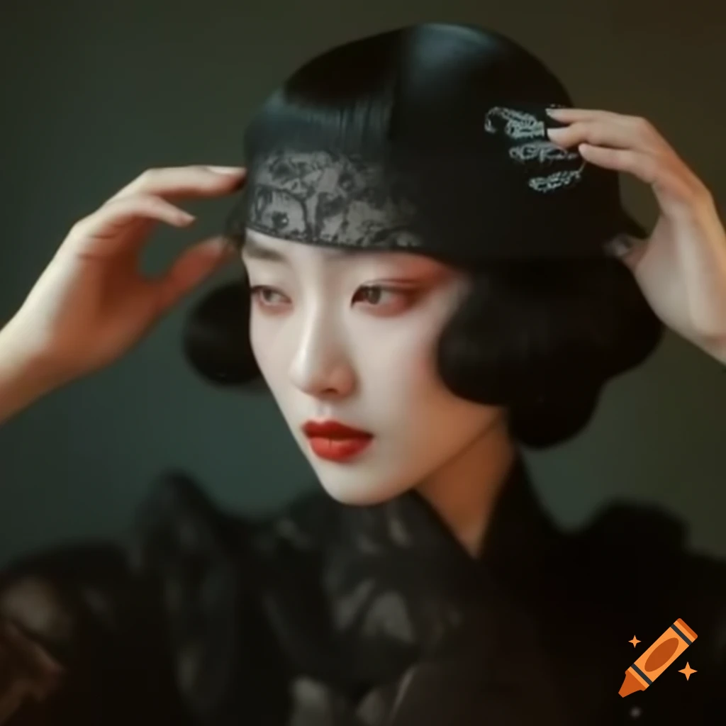 Hyper-realistic vintage photograph of beautiful Asian woman from 1920 with flapper hairstyle on ...