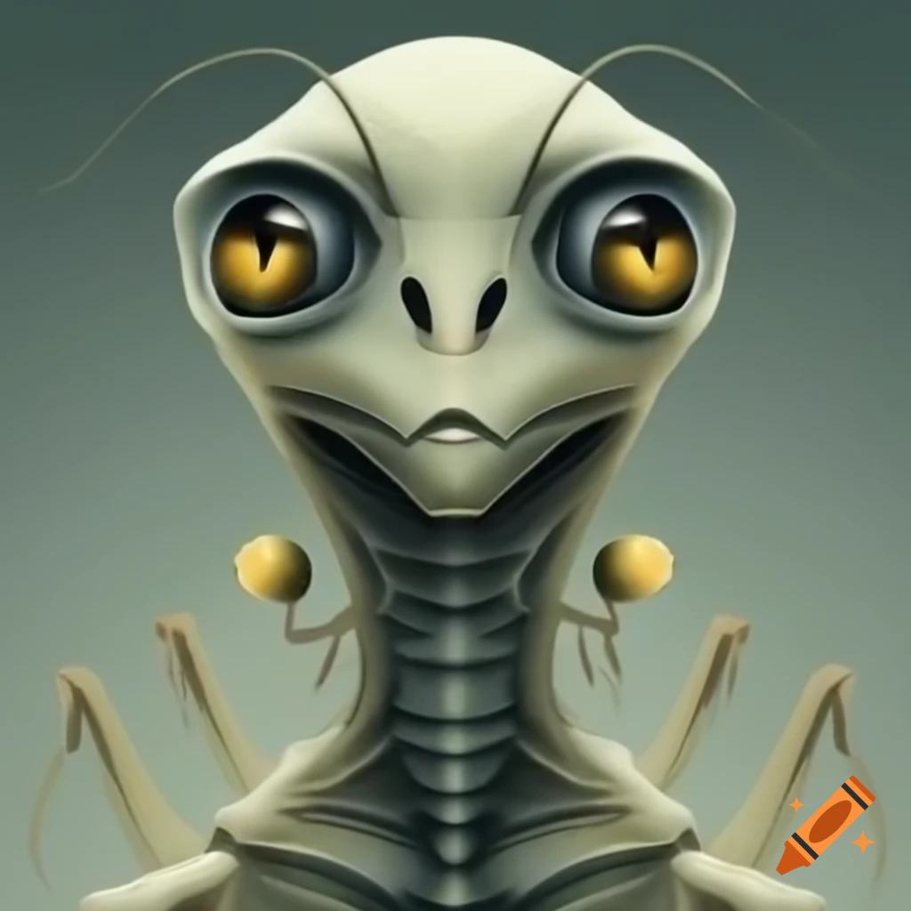 Mummy-like creature with human and praying mantis features, gray skin ...