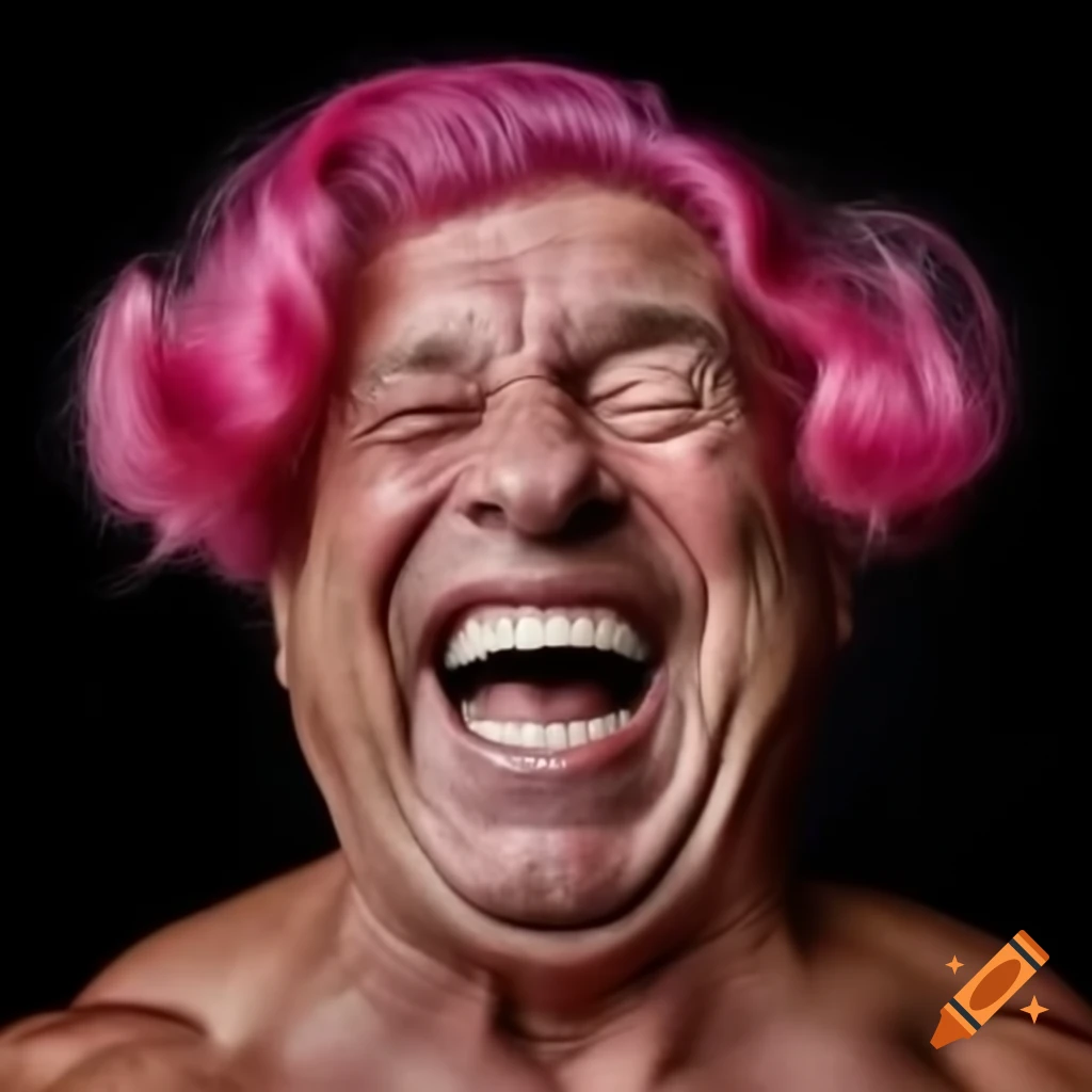 Muscular man joyfully laughing while wearing a pink wig, realistic ...