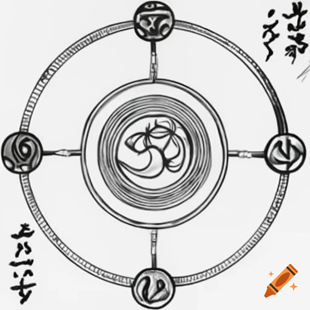 Intricate runic circle sketch with Sanskrit symbols pointing in four ...