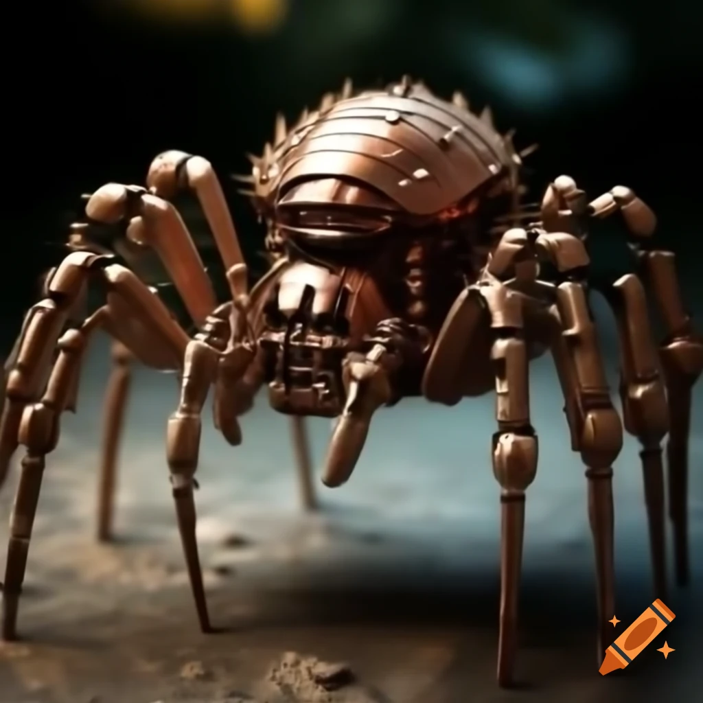 Copper robot spider with intricate gears and springs on Craiyon