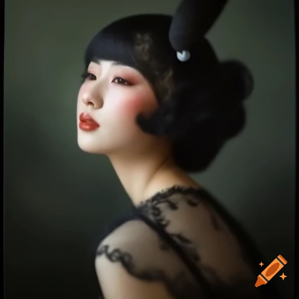 Hyper-realistic color photograph of a charming Asian woman with vintage Flapper hairstyle from ...