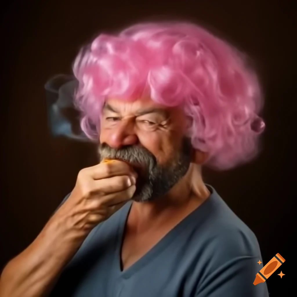 Eccentric bear resembling a senior with pink curly wig and a charming ...