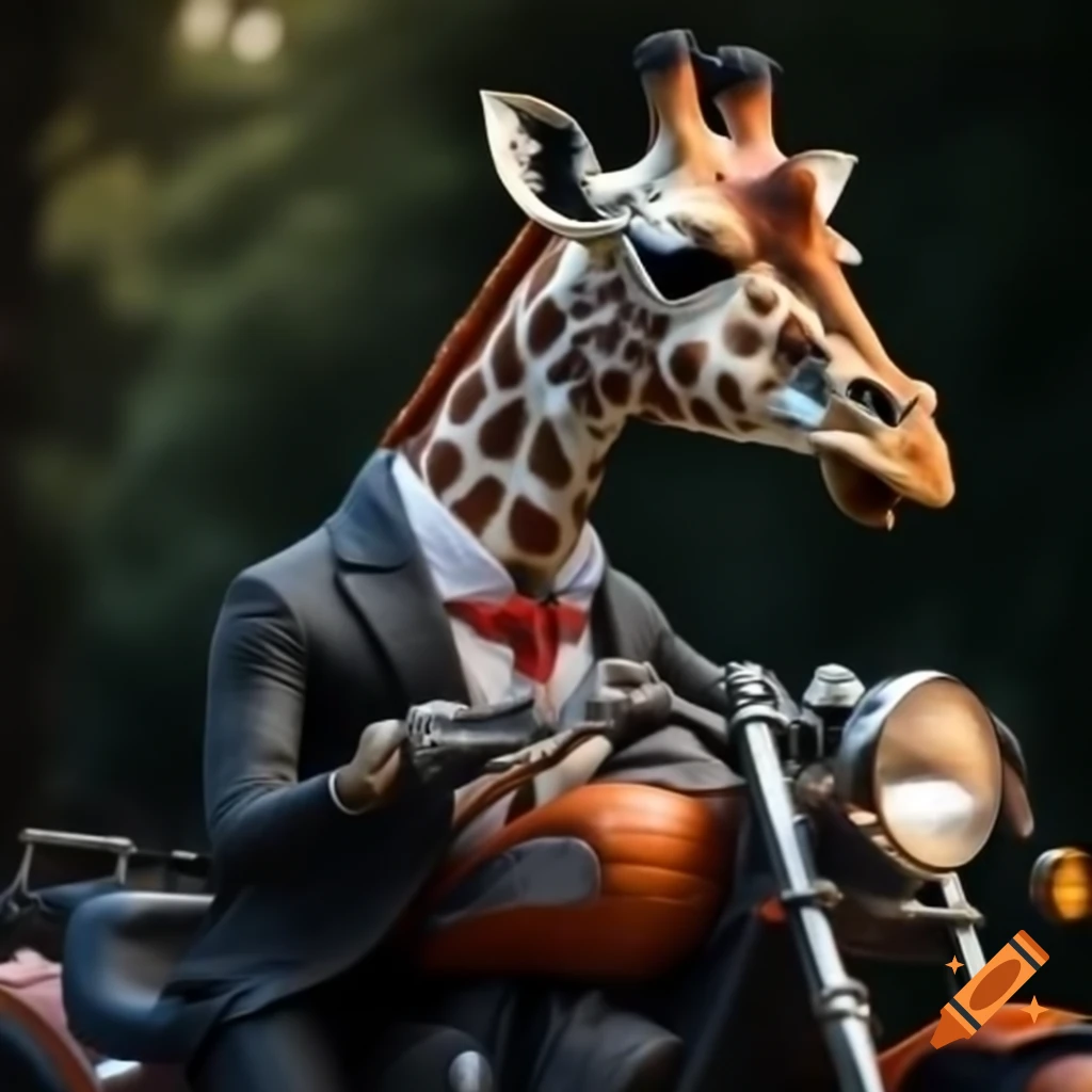 Realistic giraffe in tuxedo riding motorcycle on Craiyon