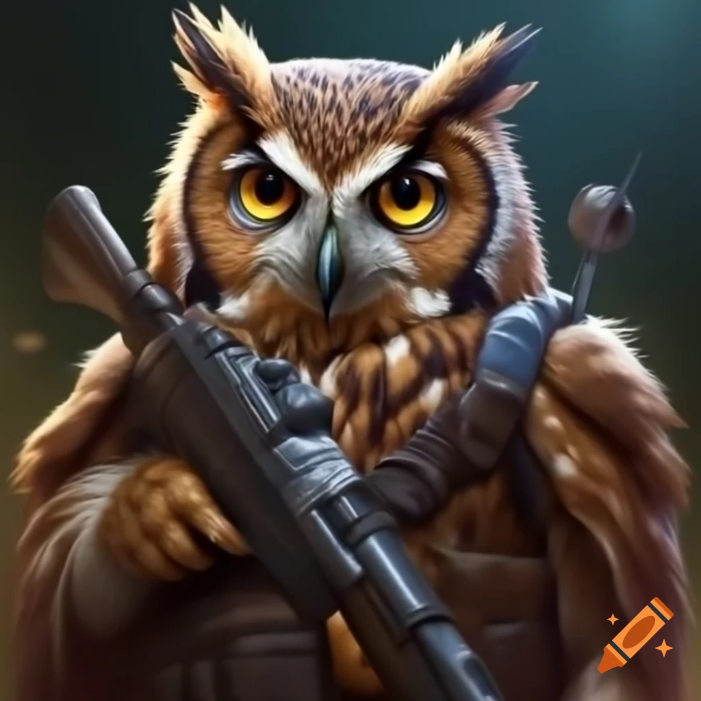 Owl holding a gun, imaginative concept on Craiyon