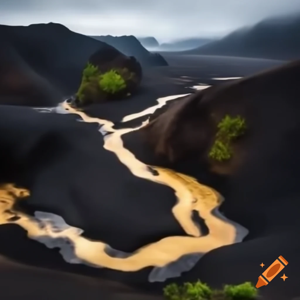 Gold rivers flowing through volcanic scenery with green bushes on Craiyon