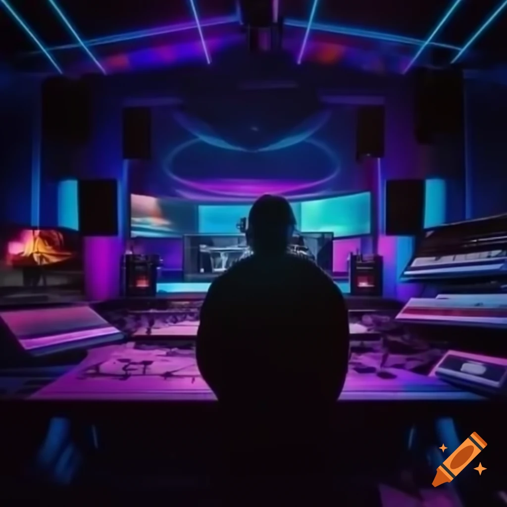 Vibrant rap studio with colorful lights and sound equipment, person at ...