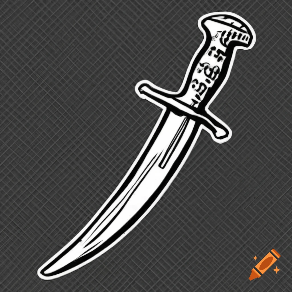 Curved ceremonial dagger line drawing in black and white on Craiyon