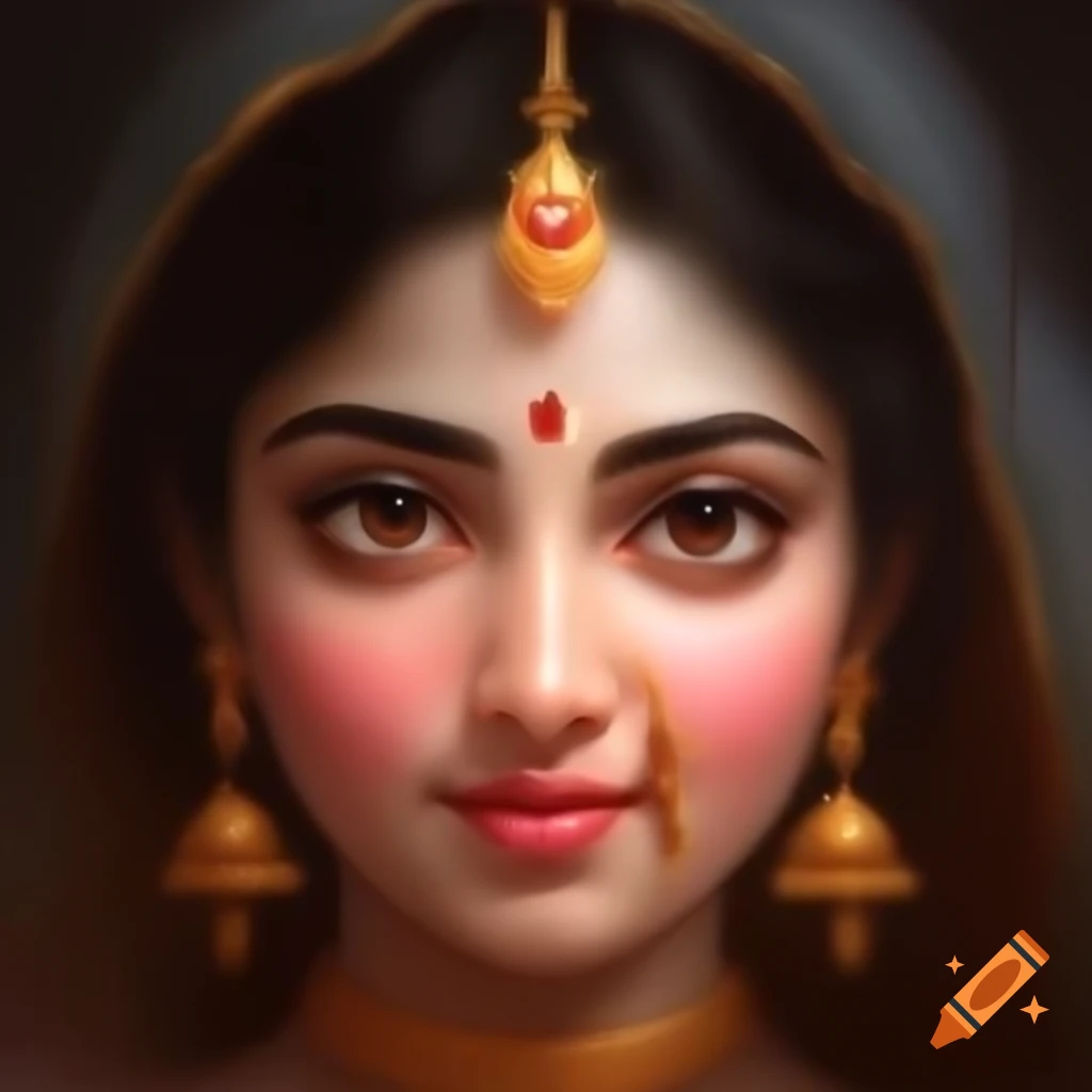 Realistic oil portrait of radha with a twinkle in her eye, featuring ...