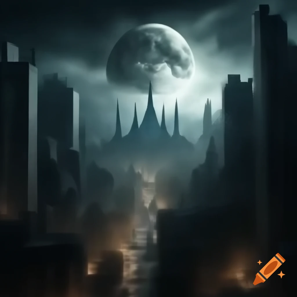 Ominous moon over dystopian city with fog and concrete structures on ...
