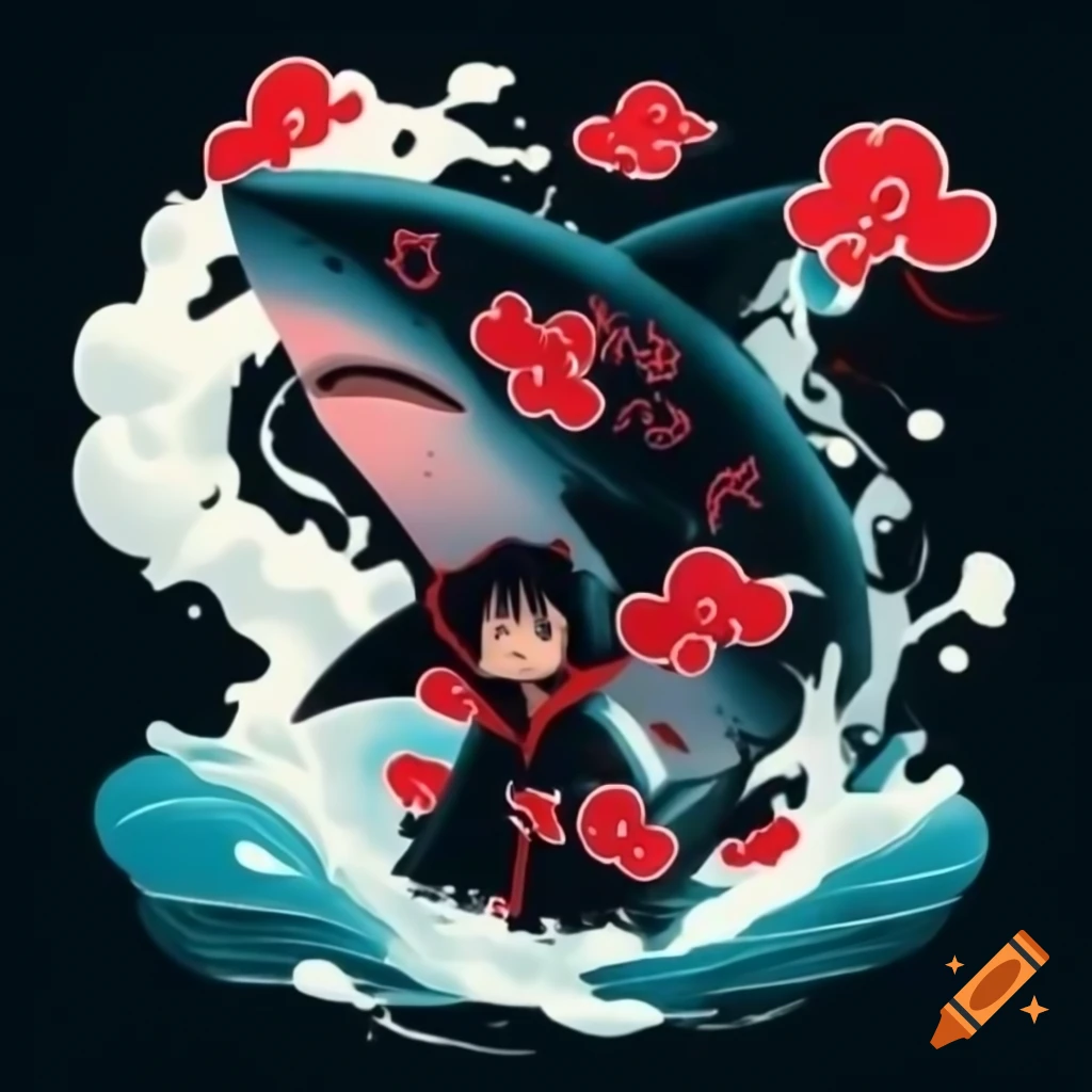 Animated shark with sharingan in akatsuki outfit surrounded by swirling ...