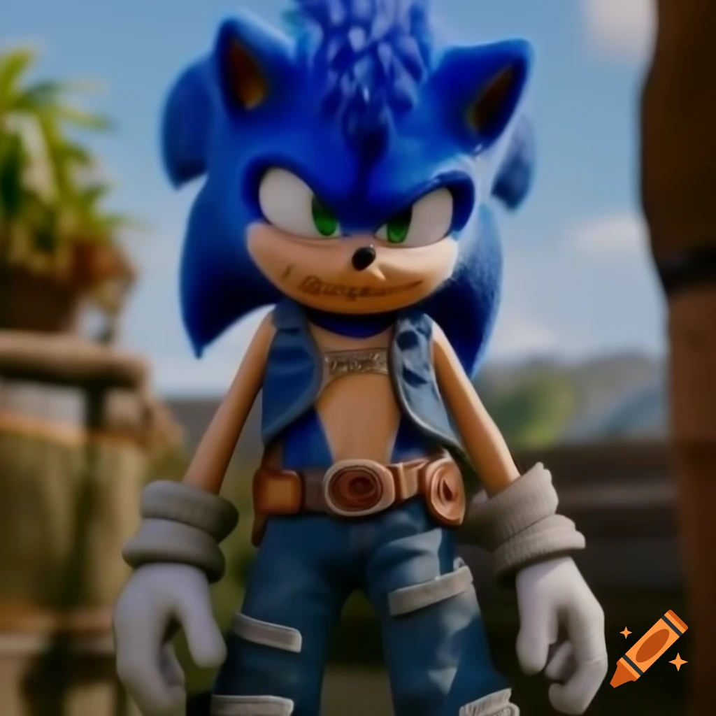 Sonic the hedgehog character in denim attire under sunny outdoor ...