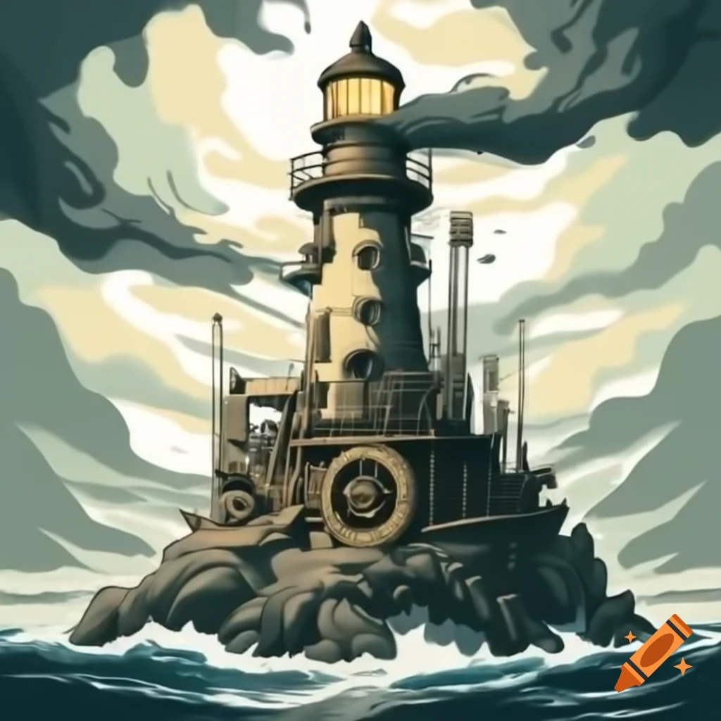 Steampunk lighthouse on rugged island casting light over stormy waves on Craiyon