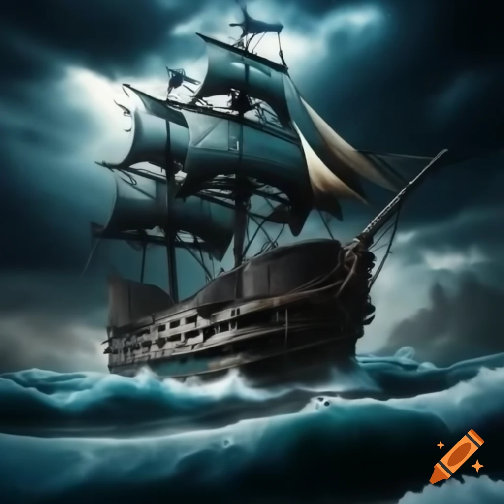 Dark pirate ship in stormy sea sailing into yawning portal on Craiyon