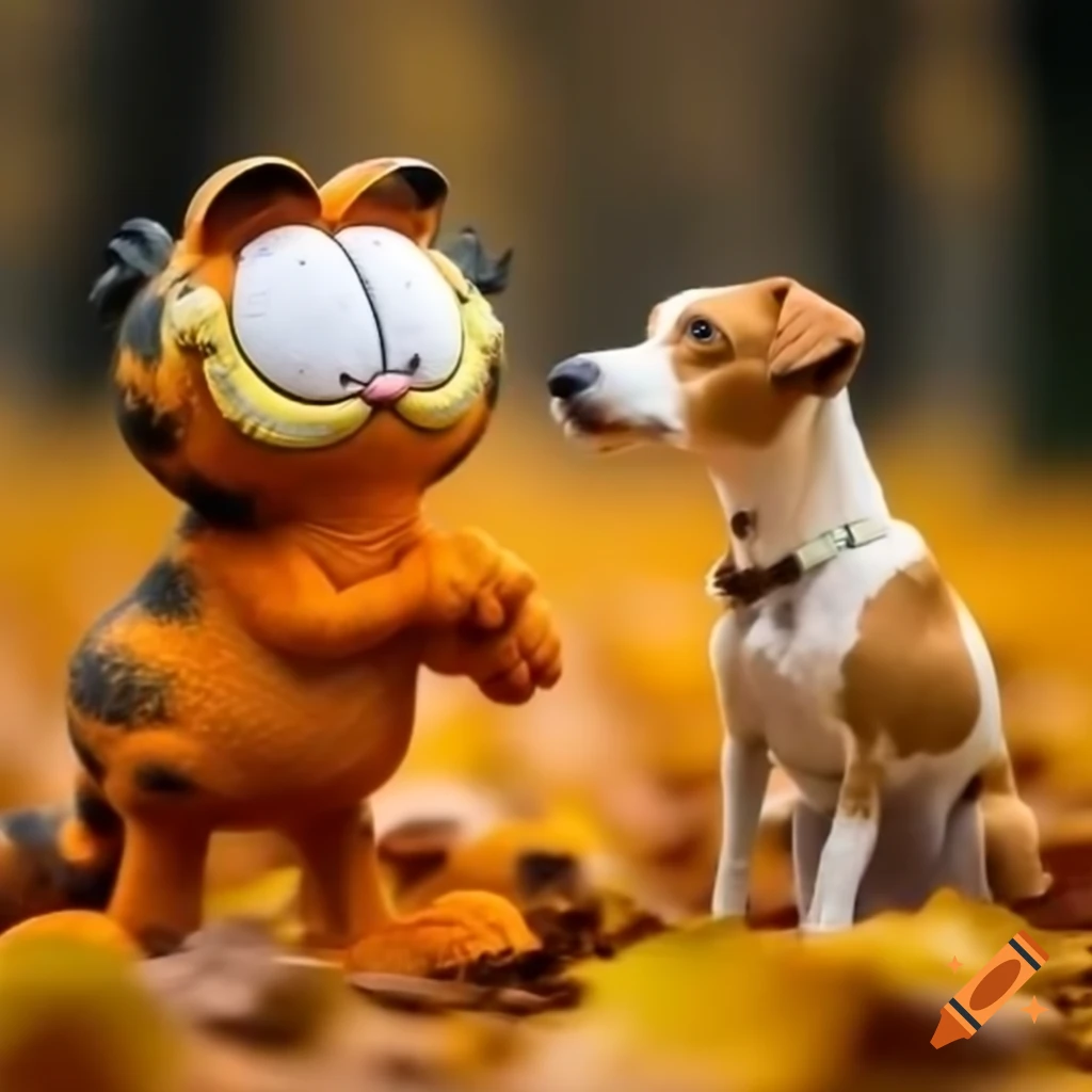 Garfield and dog playing in autumn leaves on a fall day, photo ...