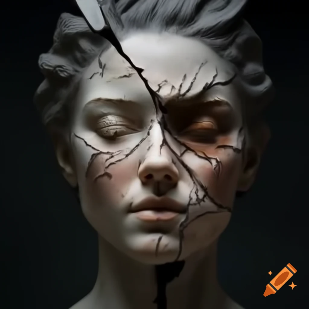 Cracked statue revealing human woman's face underneath on Craiyon