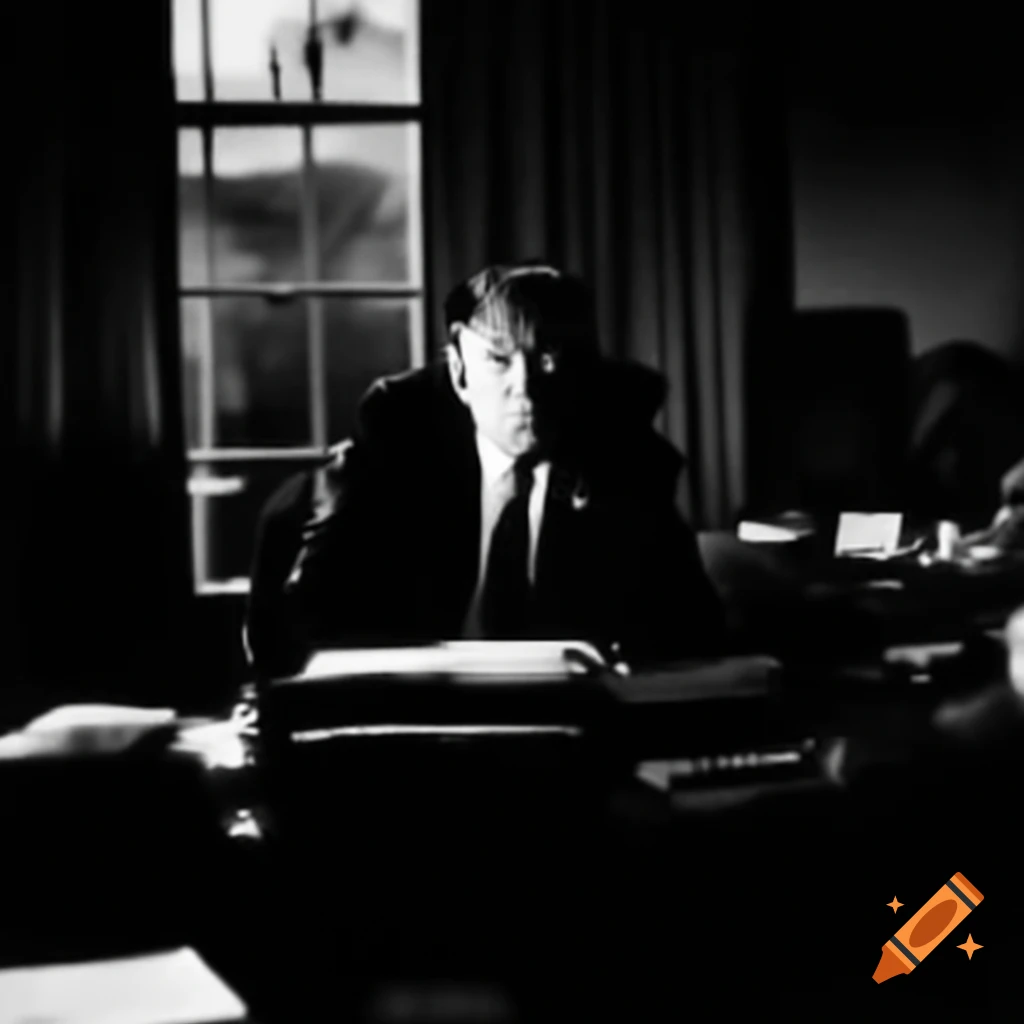 1980s black and white footage of figure in an empty office creating ...