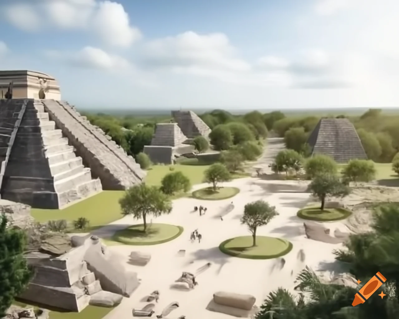 Utopian cityscape blending mayan architecture with eco-friendly urban ...