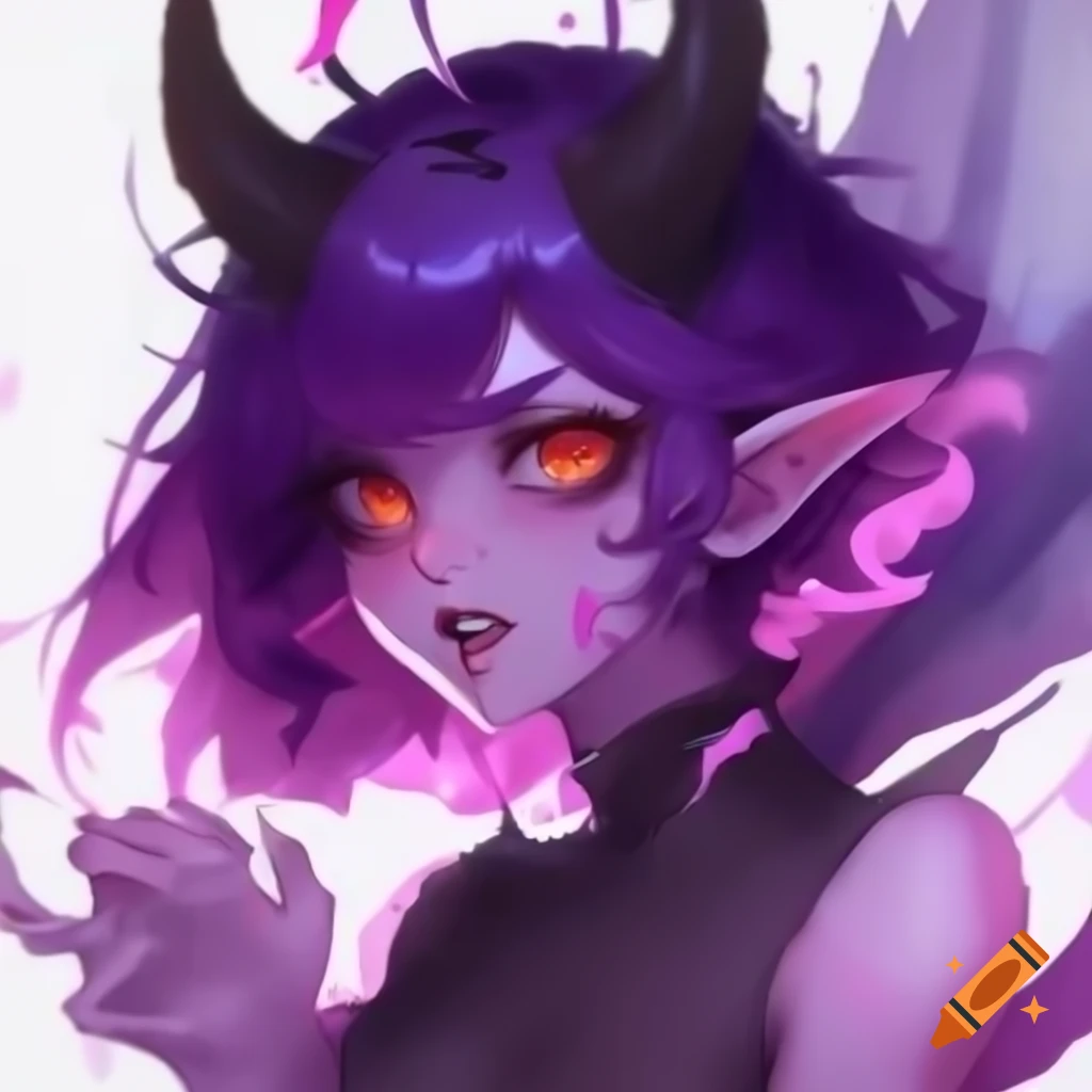 Fierce purple-haired devil with wings blushing in anger, anime style on ...
